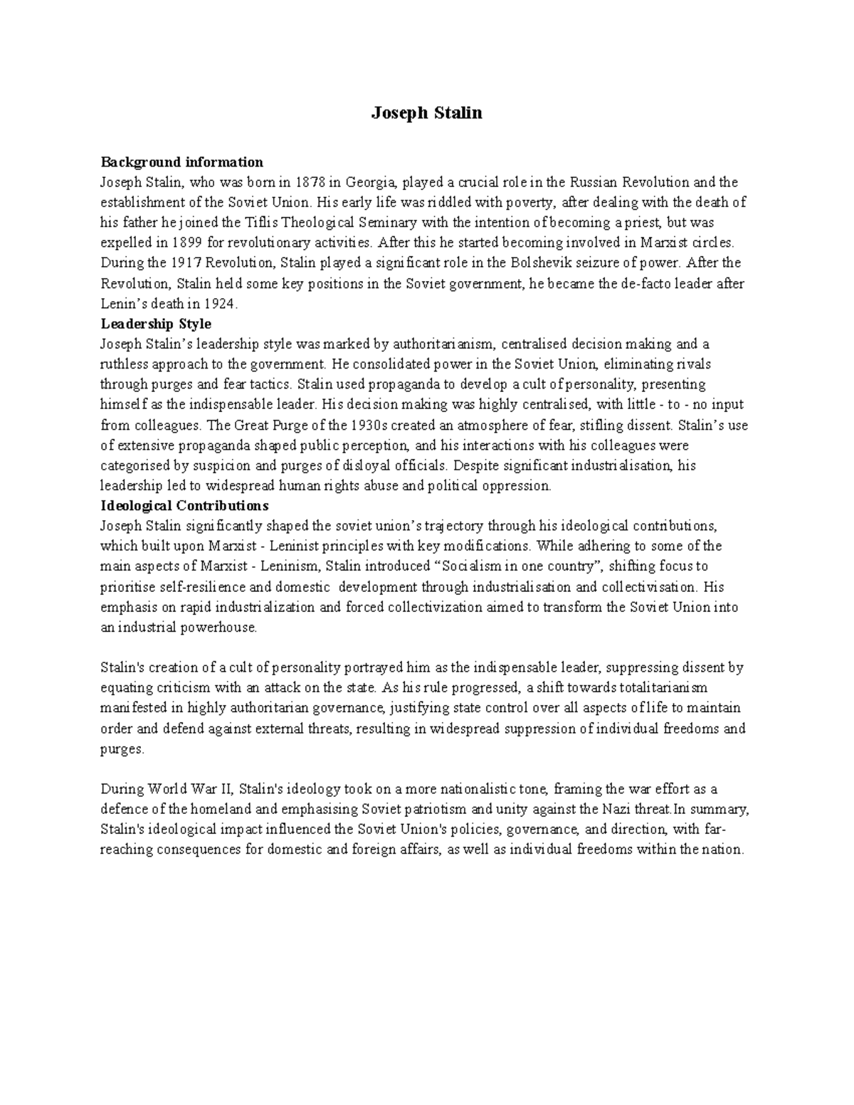 Joseph Stalin Historical Report - Joseph Stalin Background information ...