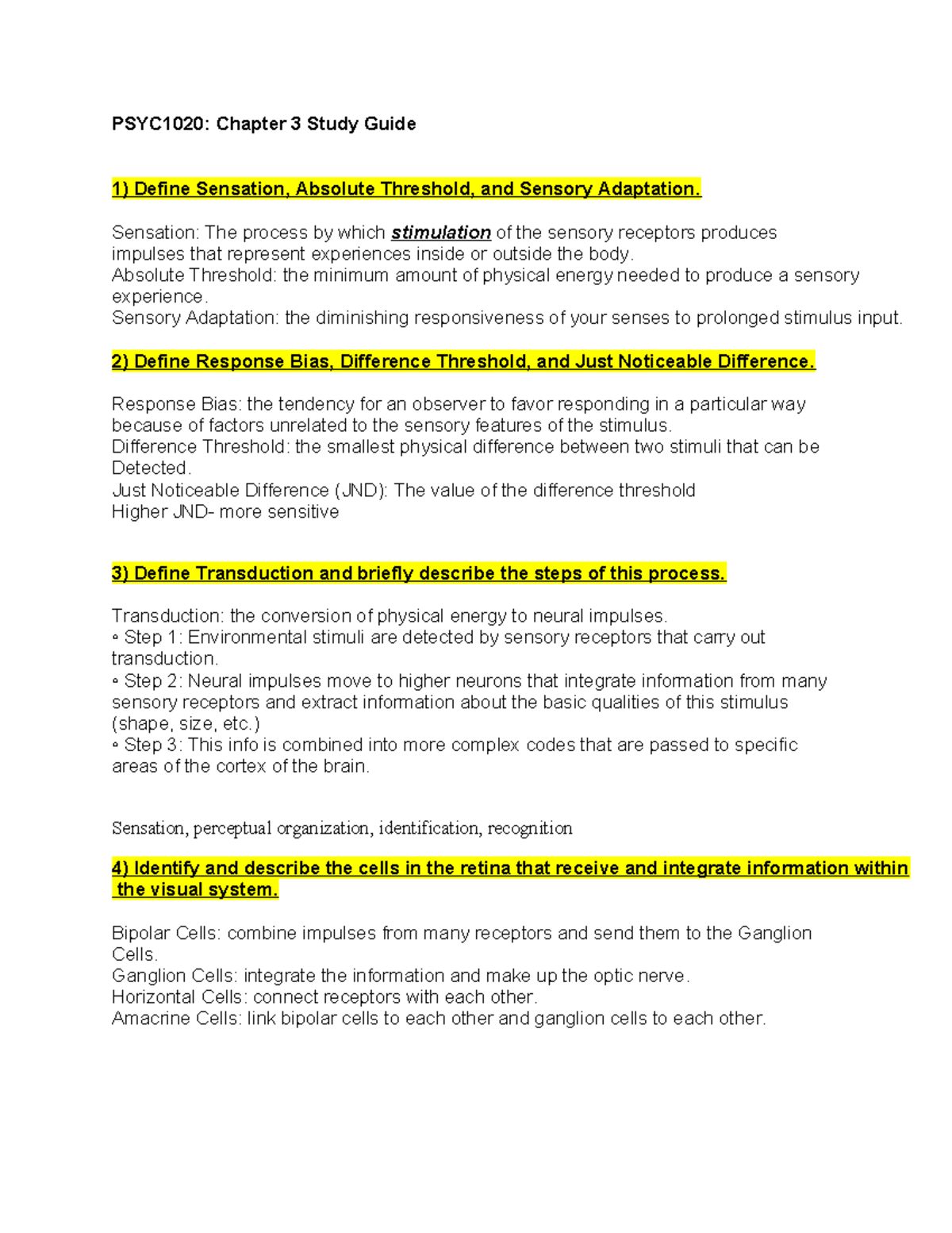 Ch3 psych study guide - PSYC1020: Chapter 3 Study Guide Define Sensation, Absolute Threshold ...