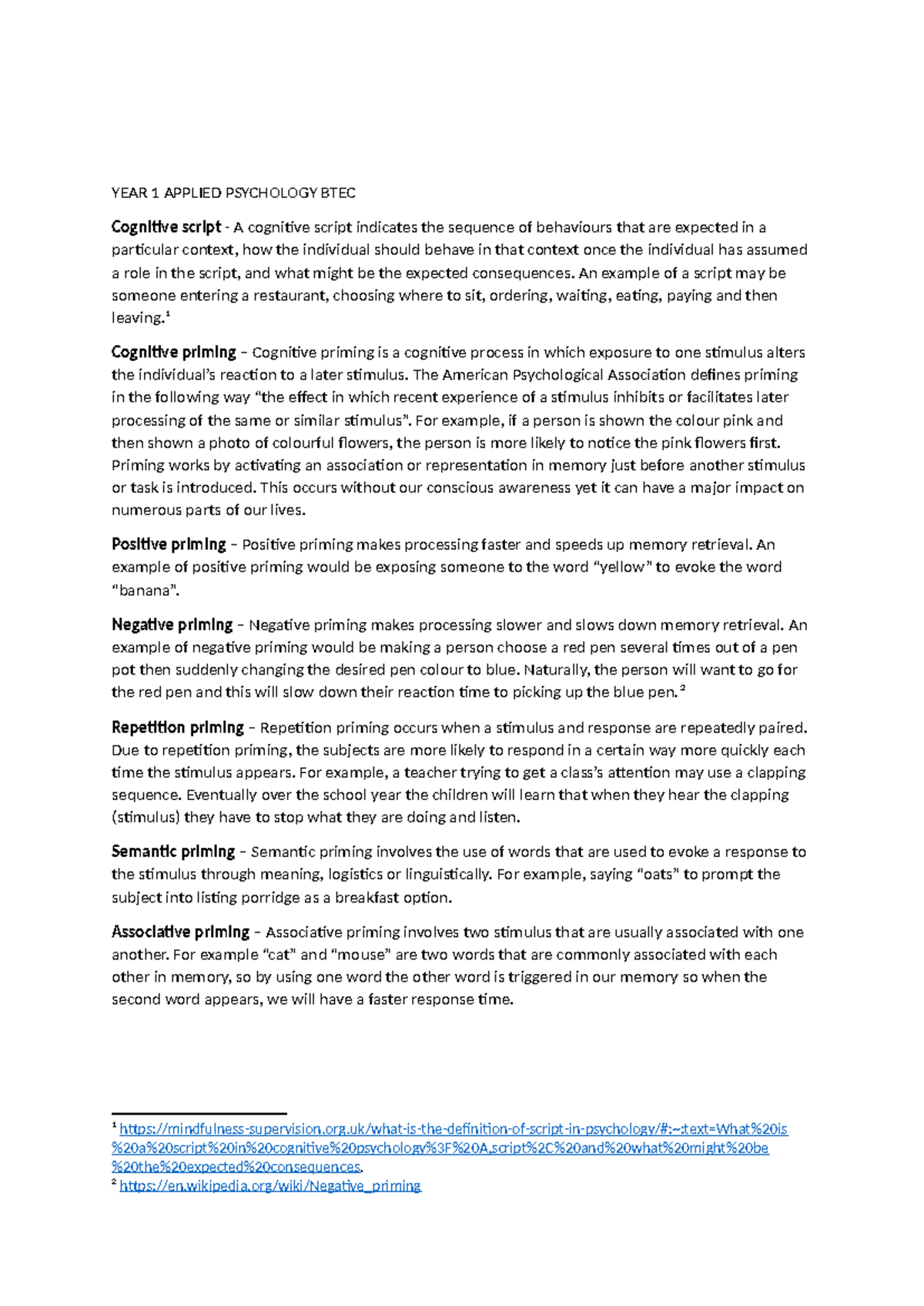 ISP 2 - Key words for cognitive scripts, bias and priming. - YEAR 1 ...