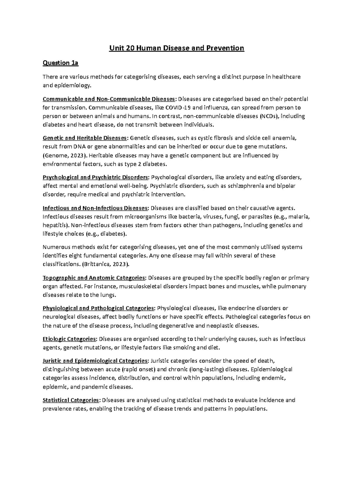 Unit 20 - Unit 20 Human Disease and Prevention Question 1a There are ...