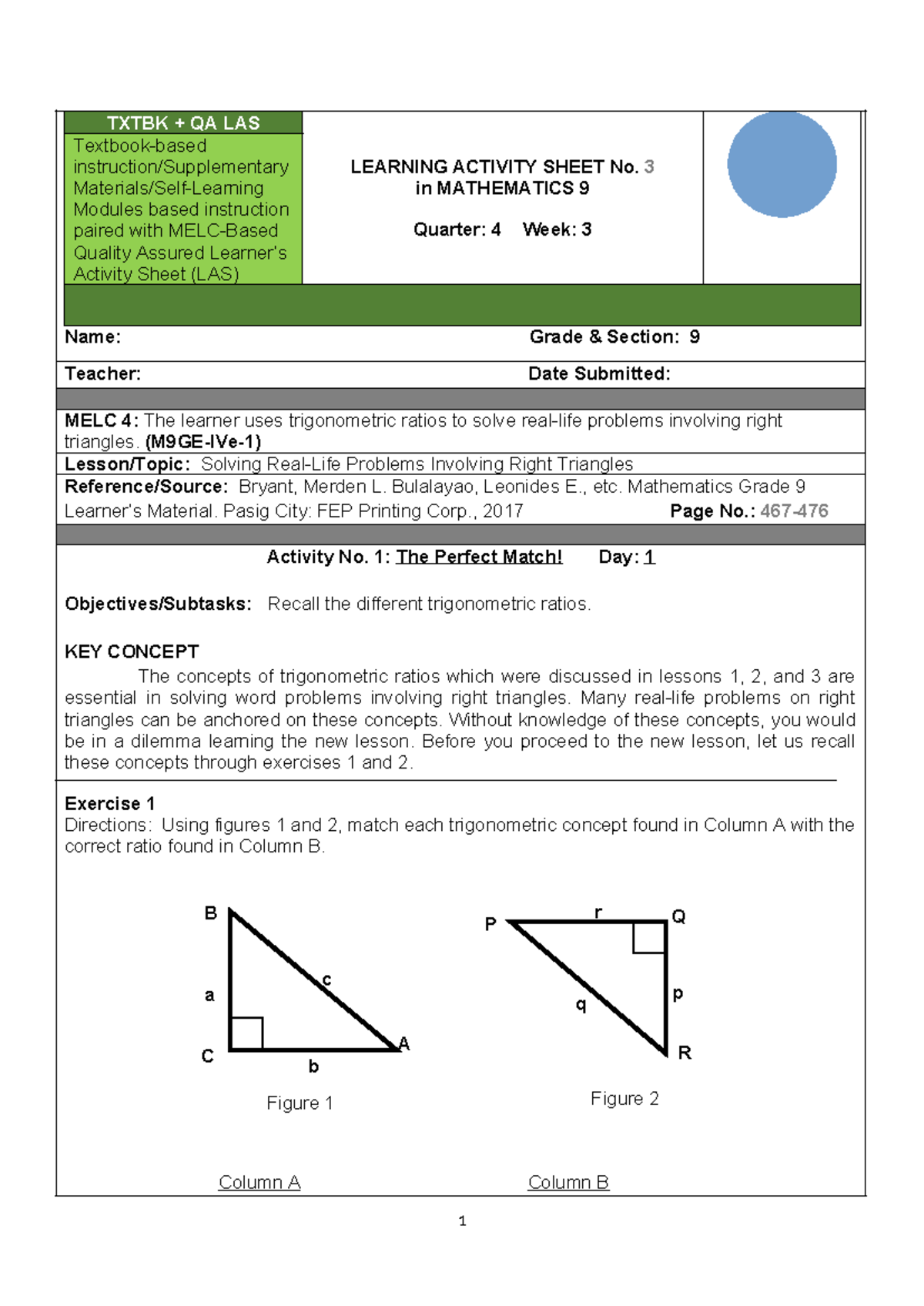 LAS WEEK 3-Lester R. Flores - TXTBK + QA LAS LEARNING ACTIVITY SHEET No. 3 in MATHEMATICS 9 ...