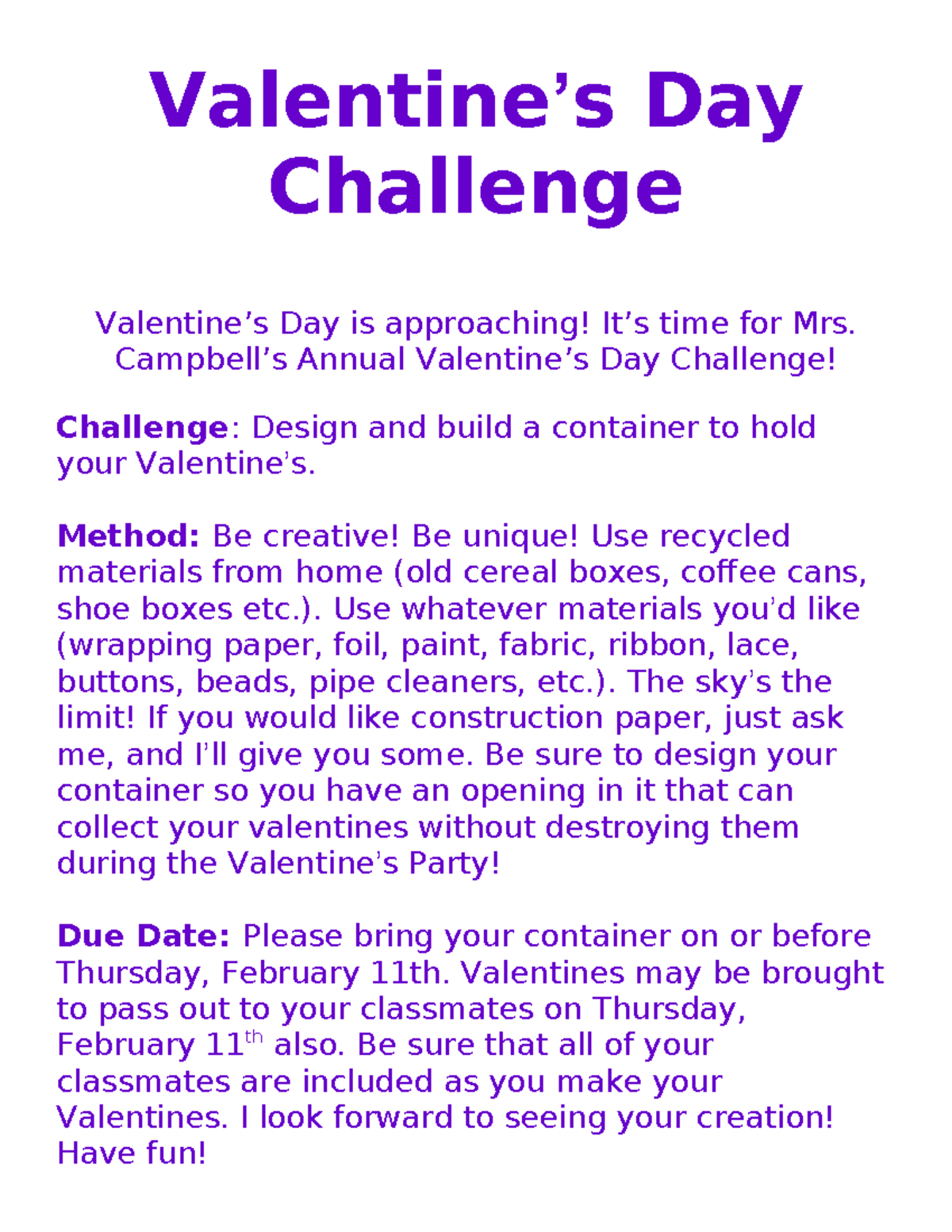 Valentine day challenge directions - Valentine’s Day Challenge ...