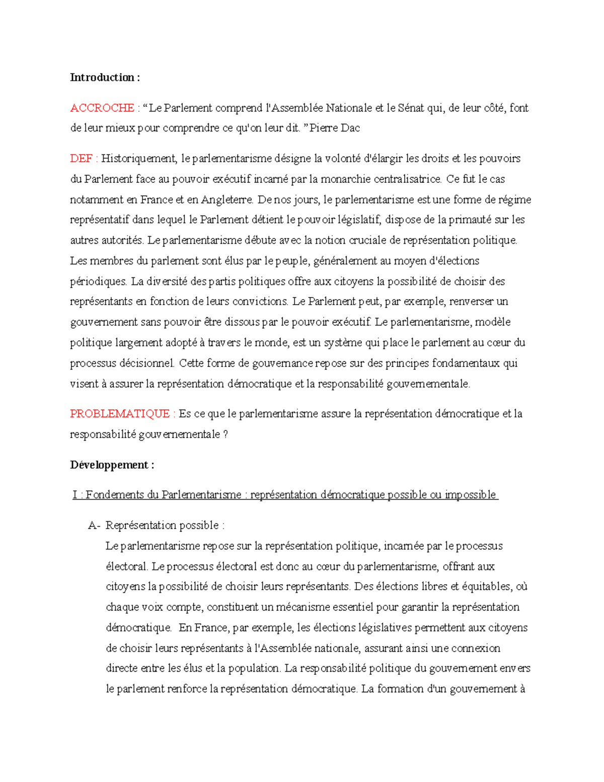 Parlementarisme - une dissertation sous forme de plan detaillé et un ...