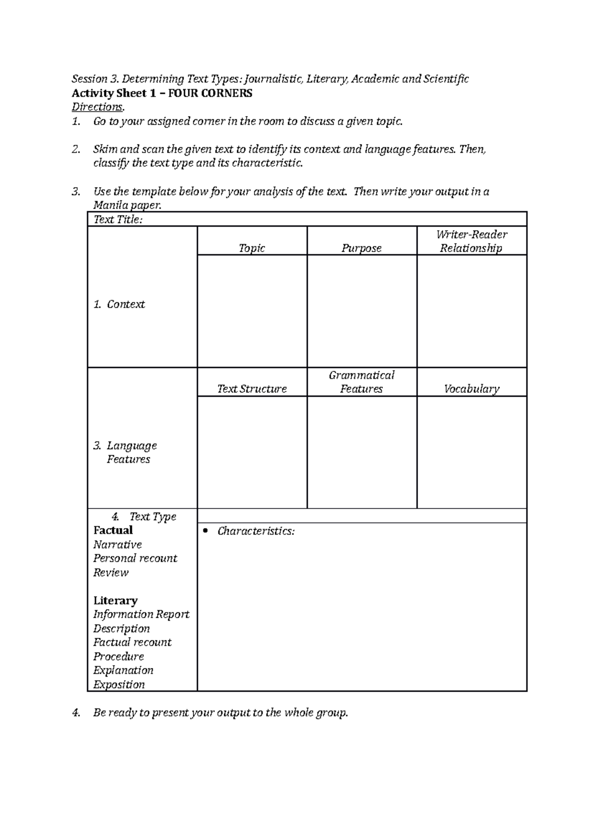 Activity Sheets Session 3 Text Types Session 3 Determining Text activity-sheets-session-3-text-types-session-3-determining-text