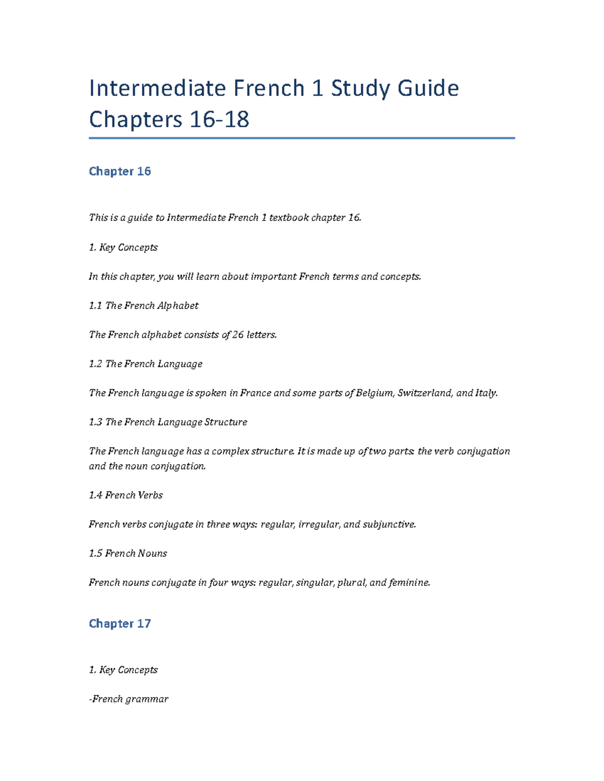 Intermediate French 1 Study Guide Chapters 16-18 - Intermediate French ...