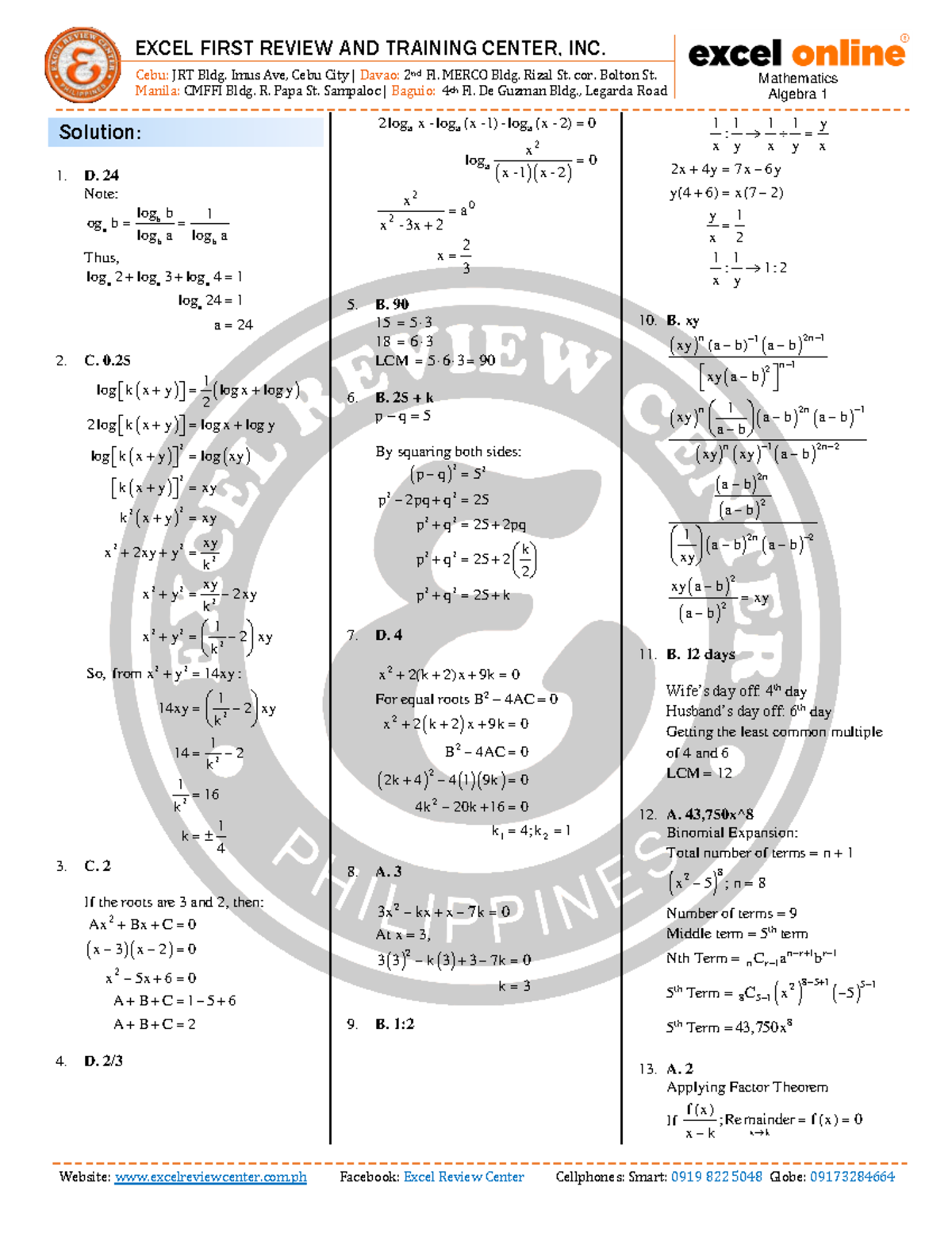 Math 01 Algebra 1 Solutions - Website: excelreviewcenter.com Facebook ...