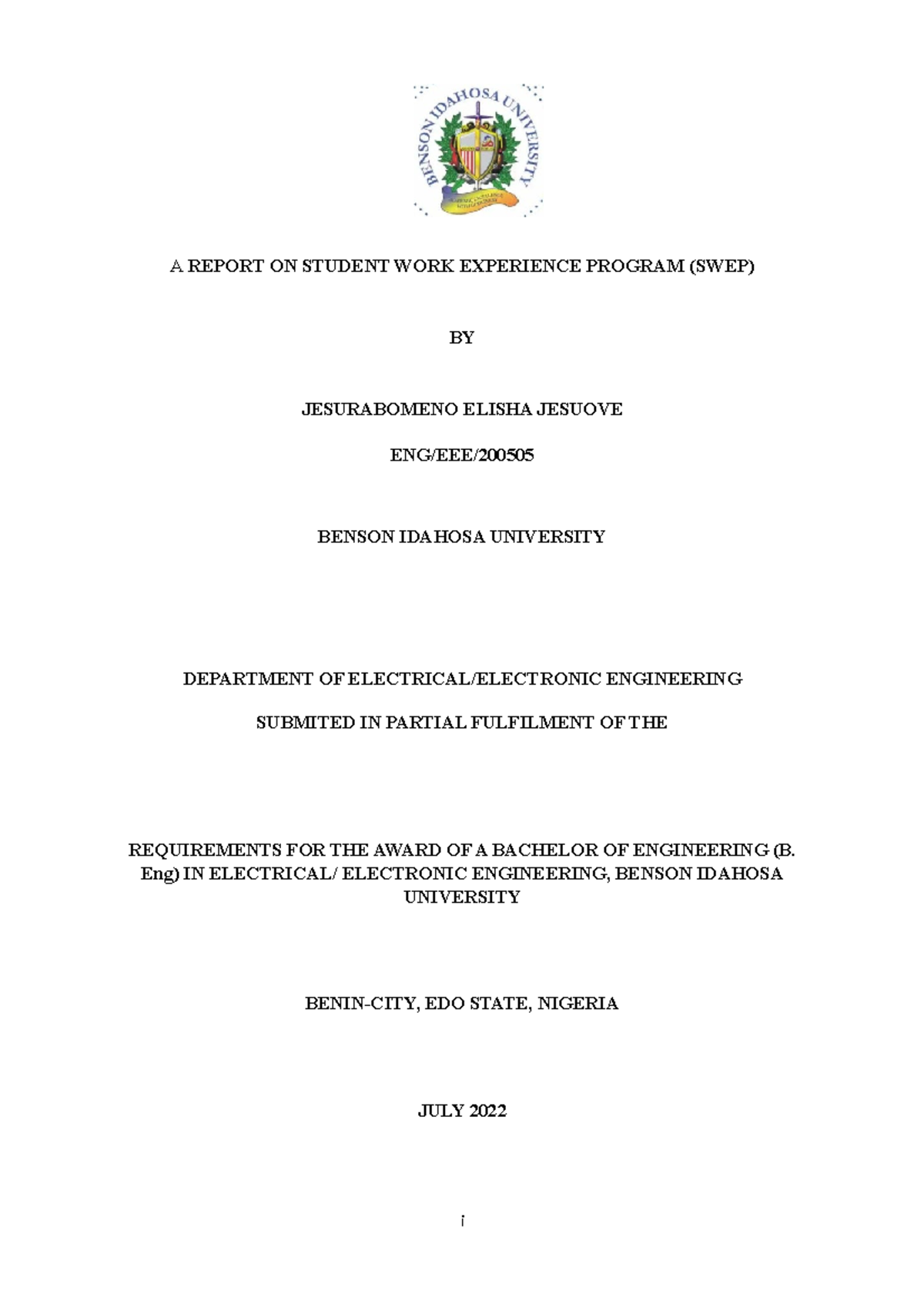 Elisha Prelim - A REPORT ON STUDENT WORK EXPERIENCE PROGRAM (SWEP) BY ...