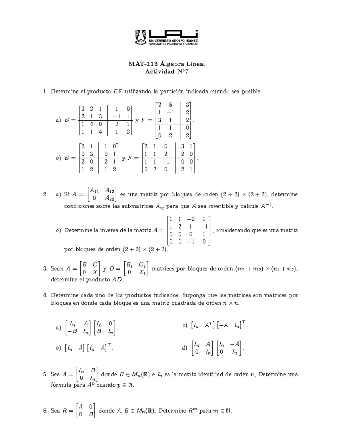 Matrices 9 - MAT-113 ́Algebra Lineal Actividad N 7 Determine el ...