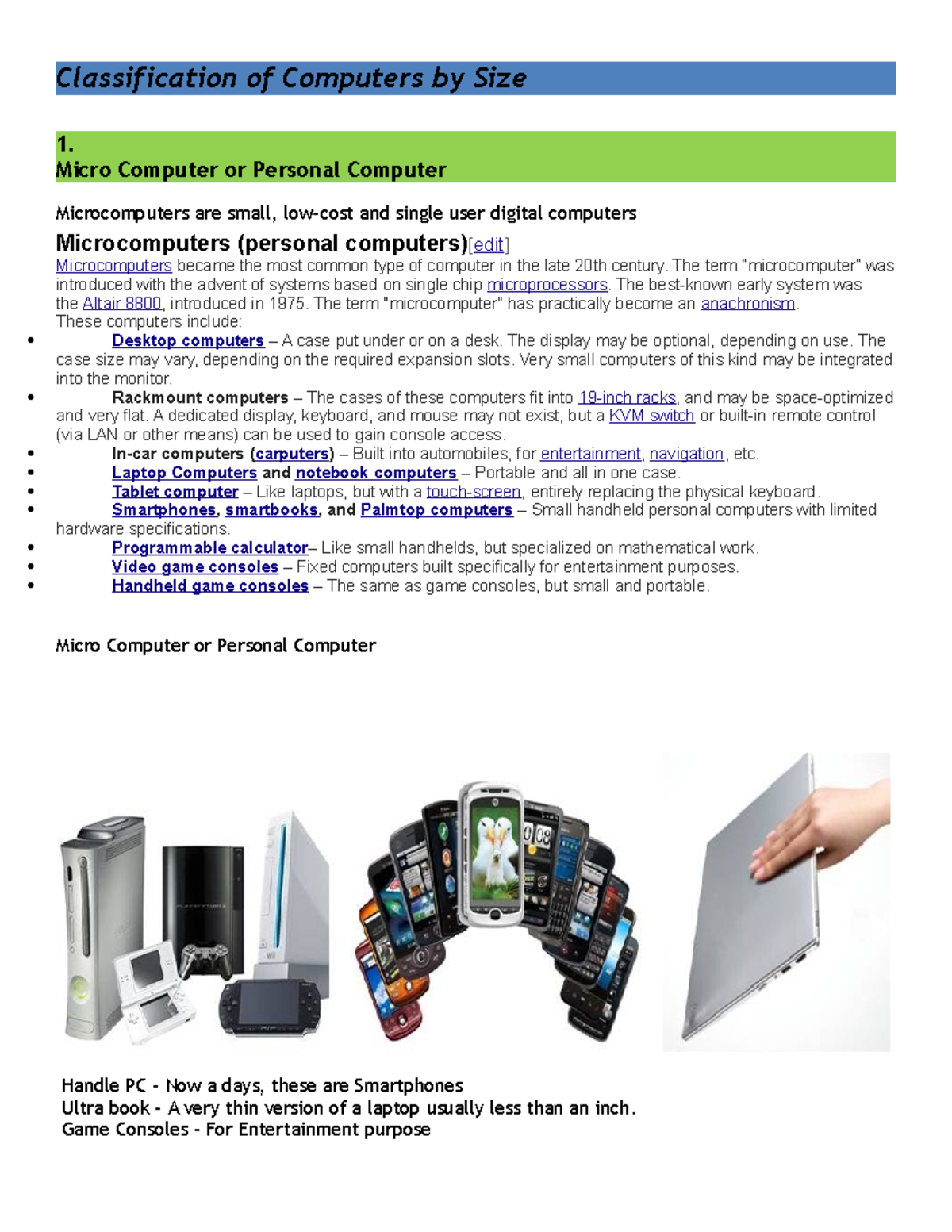 Classification Of Computers By Size Micro Computer Or Personal