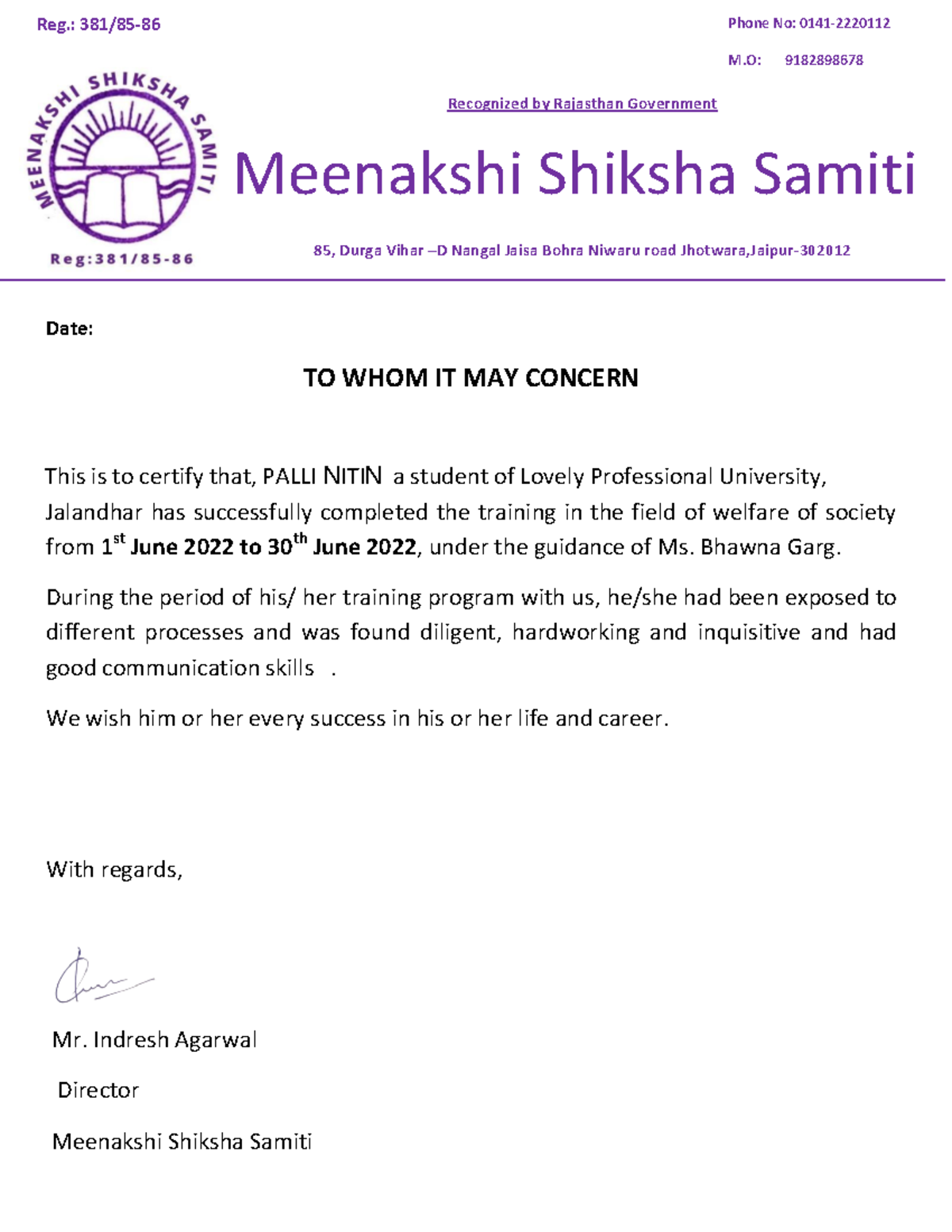 Recognisation letter - Phone No: 0141- M: Recognized by Rajasthan ...