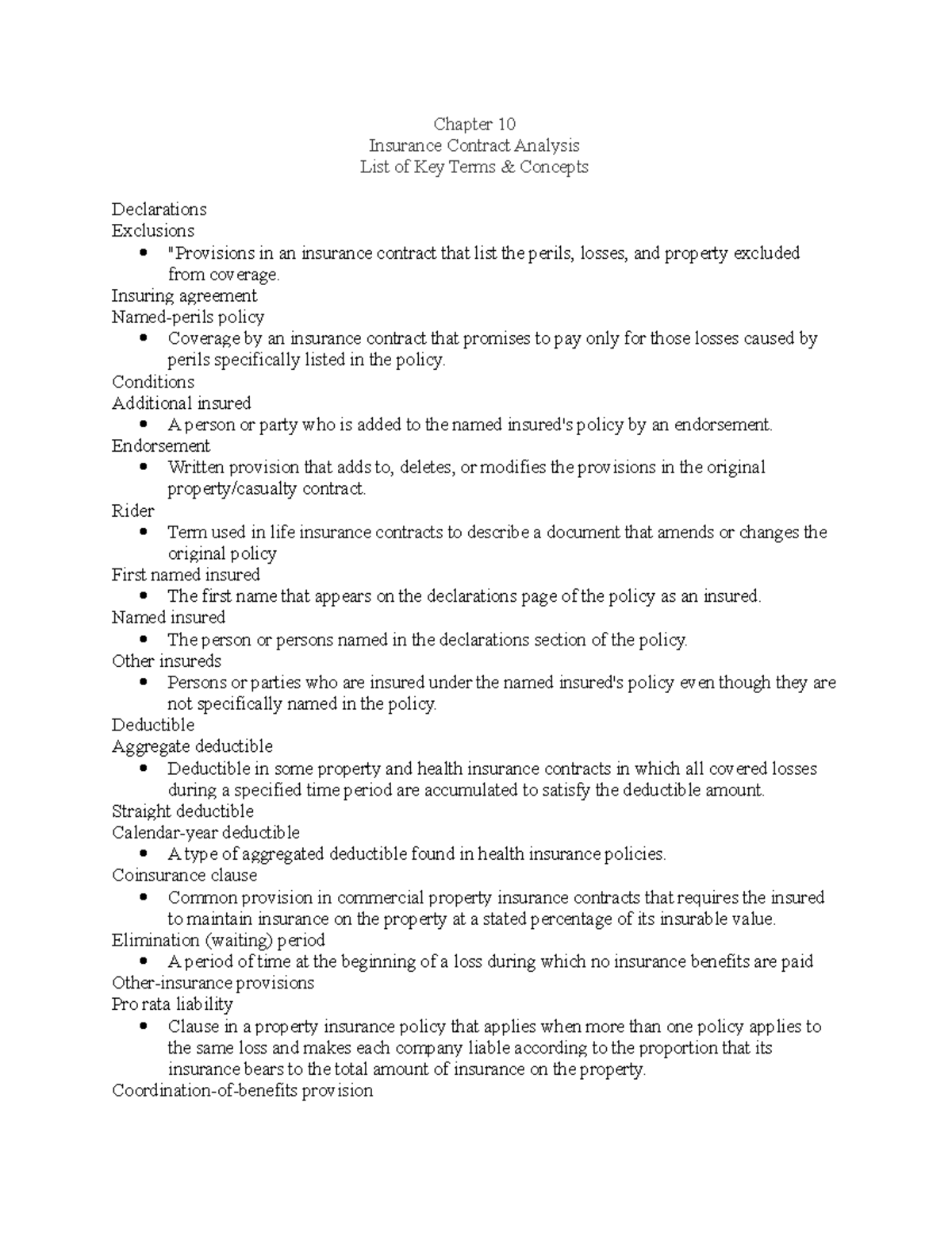 Chapter 10 Key Terms List - Chapter 10 Insurance Contract Analysis List ...