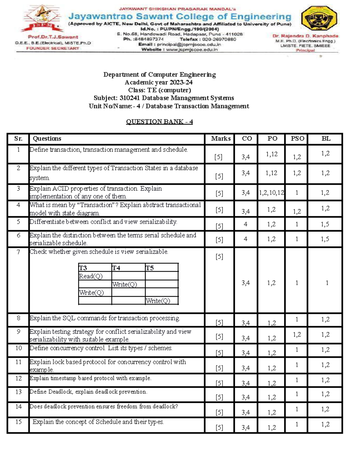Dbms Unit 4 Question Bank 4docx Department Of Computer Engineering Academic Year 2023 Class 