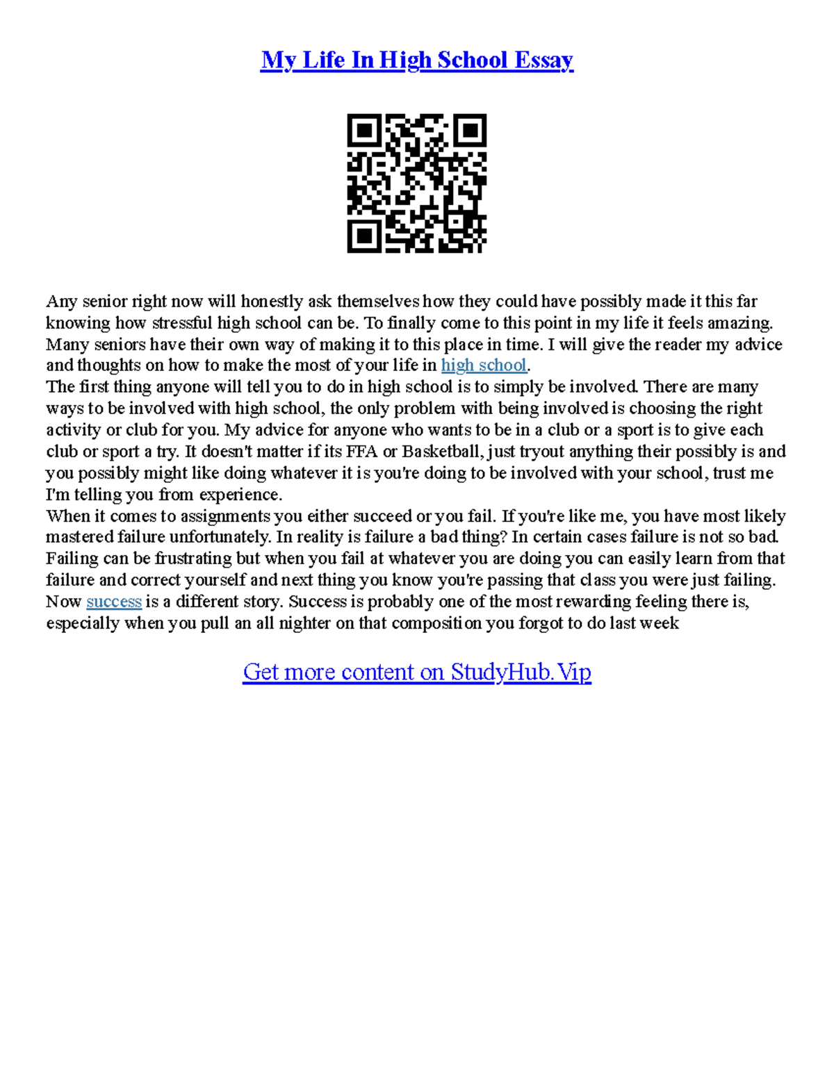 High School Essay Format - My Life In High School Essay Any senior ...