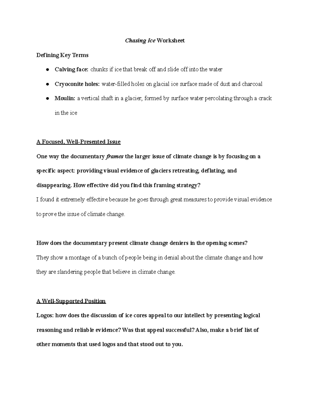 Engl 4 Chasing Ice Worksheet - Chasing Ice Worksheet Defining Key Terms ...