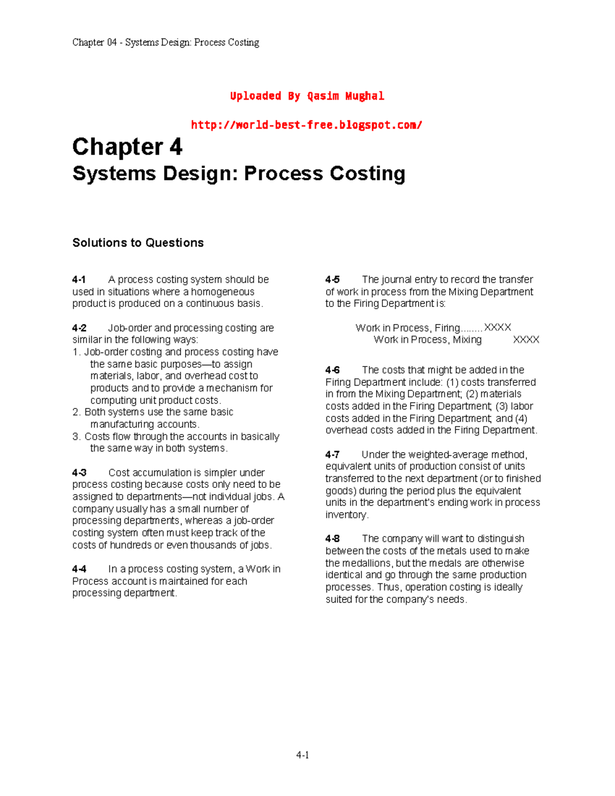 Chap004 - maths - Chapter 04 - Systems Design: Process Costing Uploaded By Qasim Mughal - Studocu