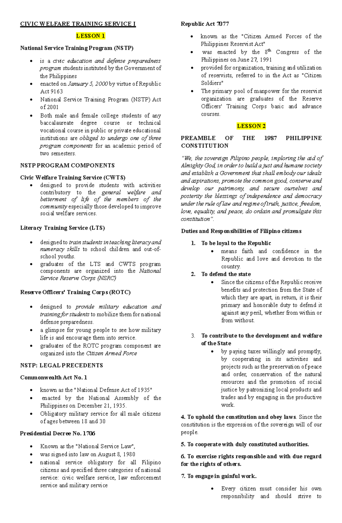 Handout-CWTS-Midterm - CIVIC WELFARE TRAINING SERVICE I LESSON 1 ...