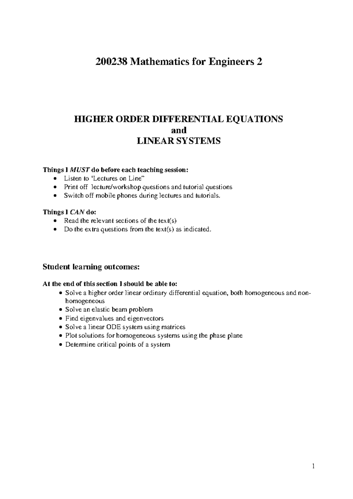 4. Higher order ODE and Linear Systems - ####### 200238 Mathematics for ...