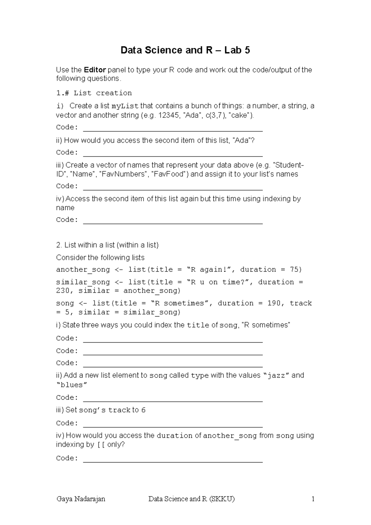 Rlab Sheet Week 05 Lists Df Data Science And R Lab 5 Use The Editor Panel To Type Your R