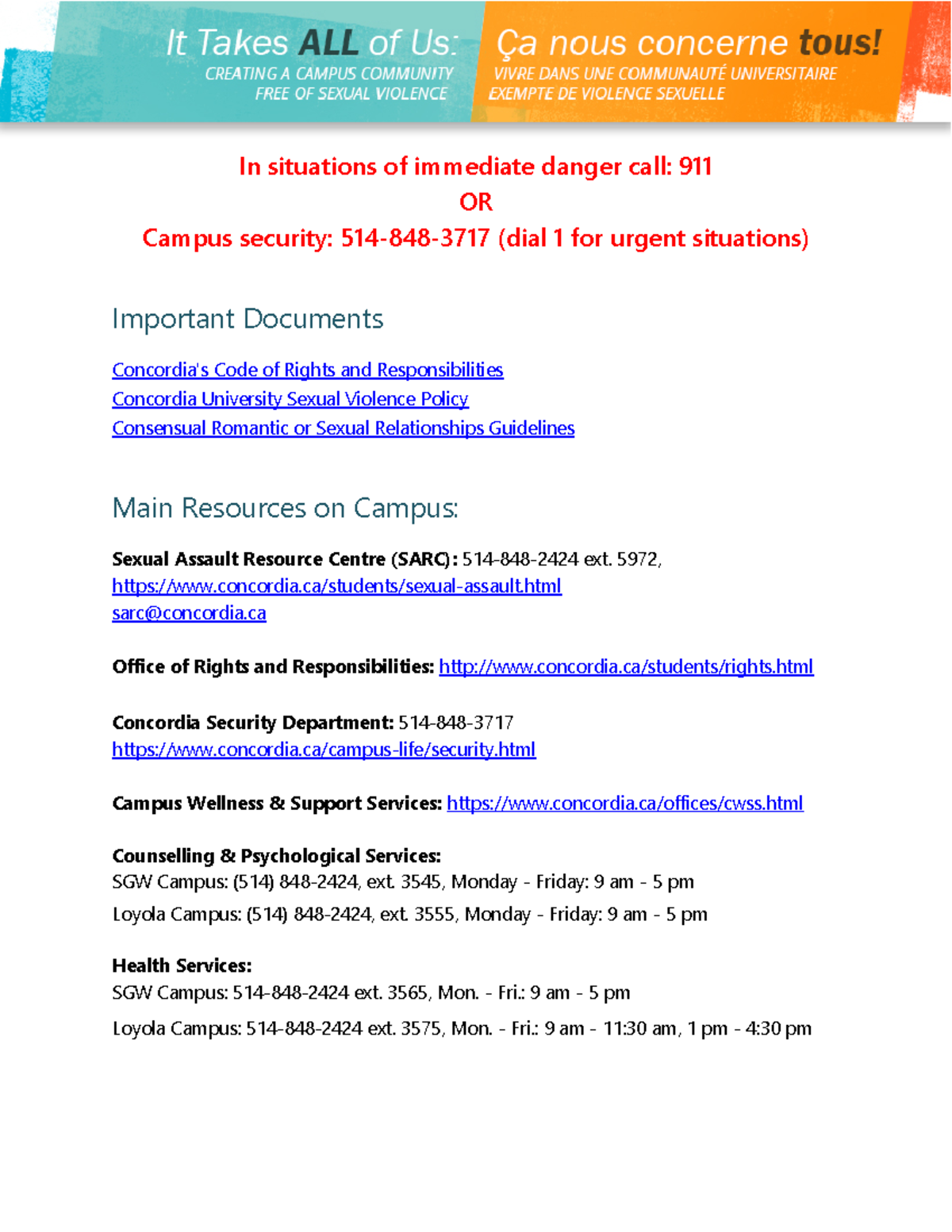 Resources EN - In situations of immediate danger call: 911 OR Campus ...