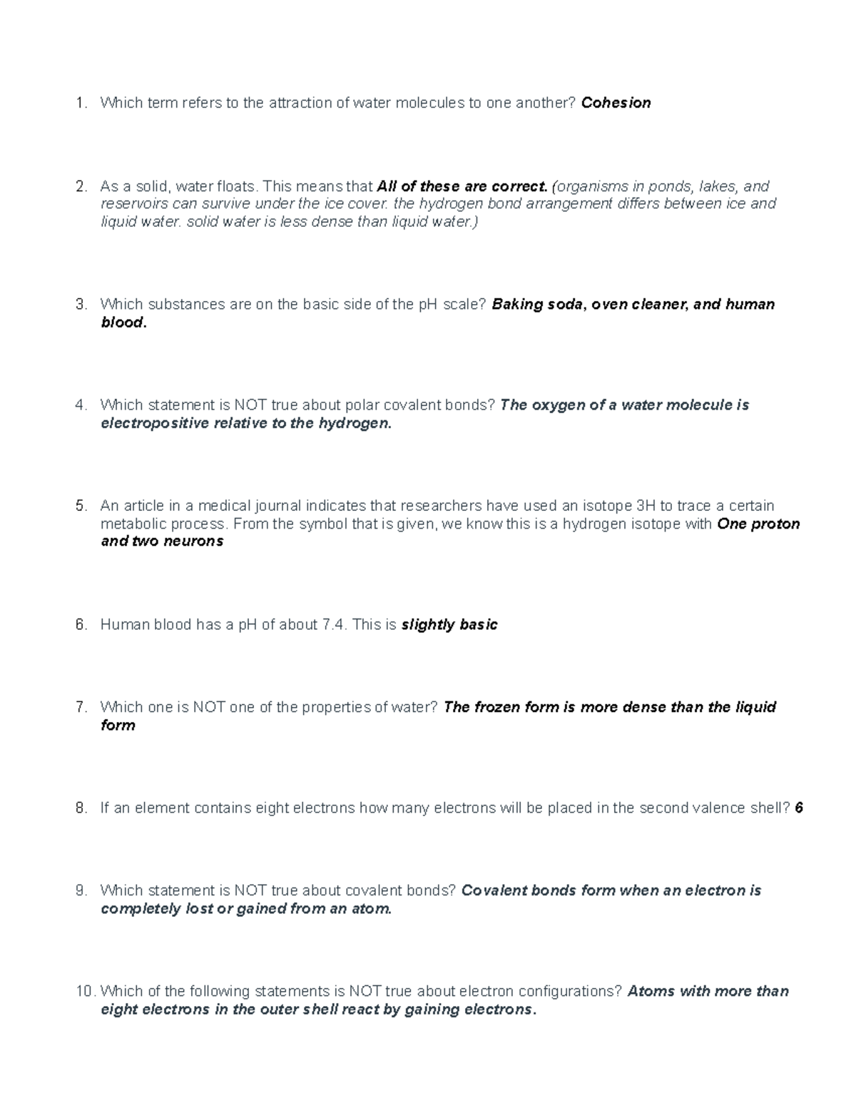 BIO 101 - Chapter 2 Quiz - Which term refers to the attraction of water ...