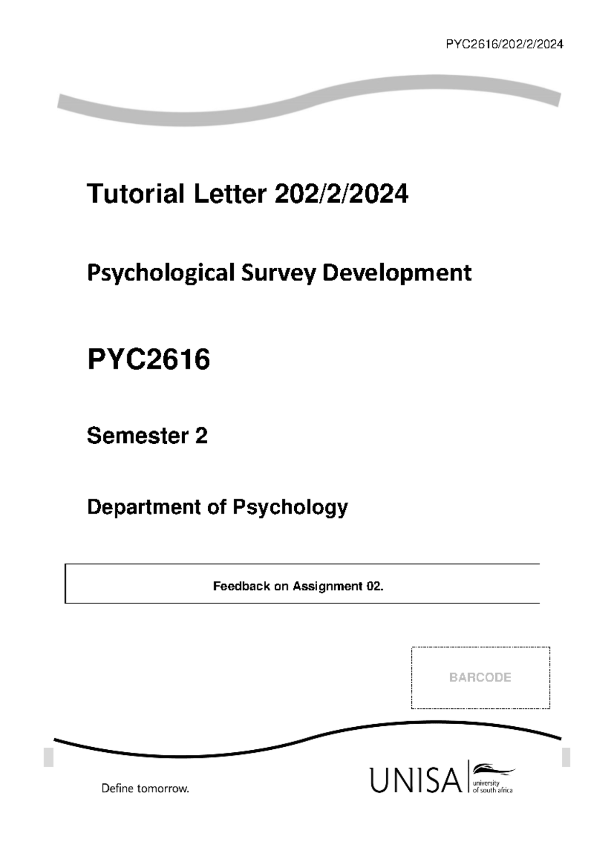 TL202 assignment 2 feedback - PYC26 16 / 202 / 2 /202 4 Tutorial Letter ...