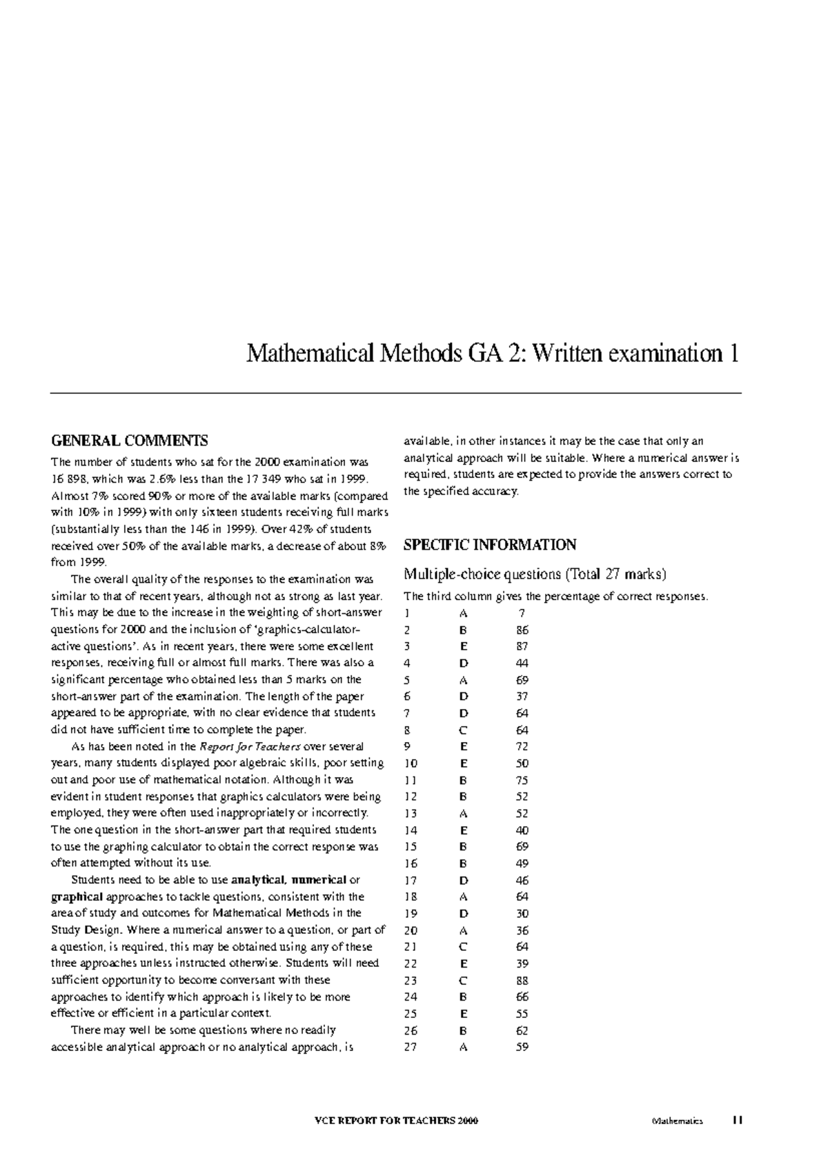 [Methods] 2000 VCAA Exam 1 Assessment Report - VCE REPORT FOR TEACHERS ...