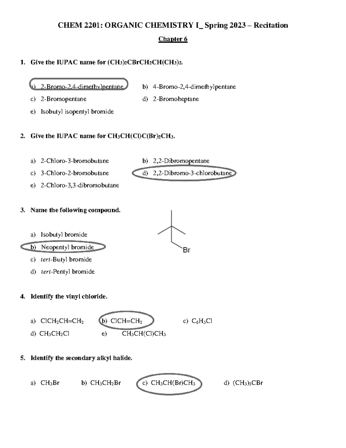 CHEM 2201 Spring 2023 - Recitation chapter 6 questions - CHEM 2201 ...