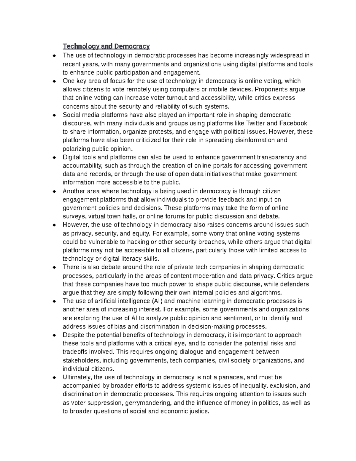 Democracy and Technology notes - Technology and Democracy The use of ...