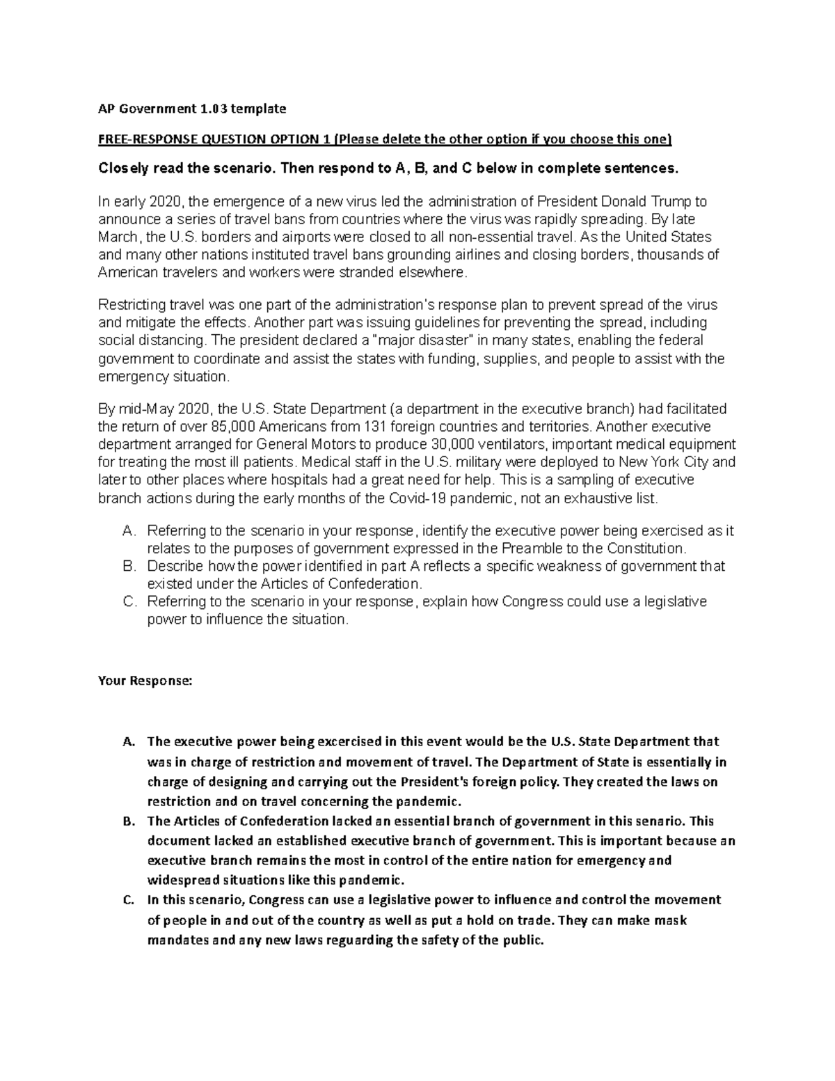 1.03 FRQ - AP Government 1 template FREE-RESPONSE QUESTION OPTION 1 ...