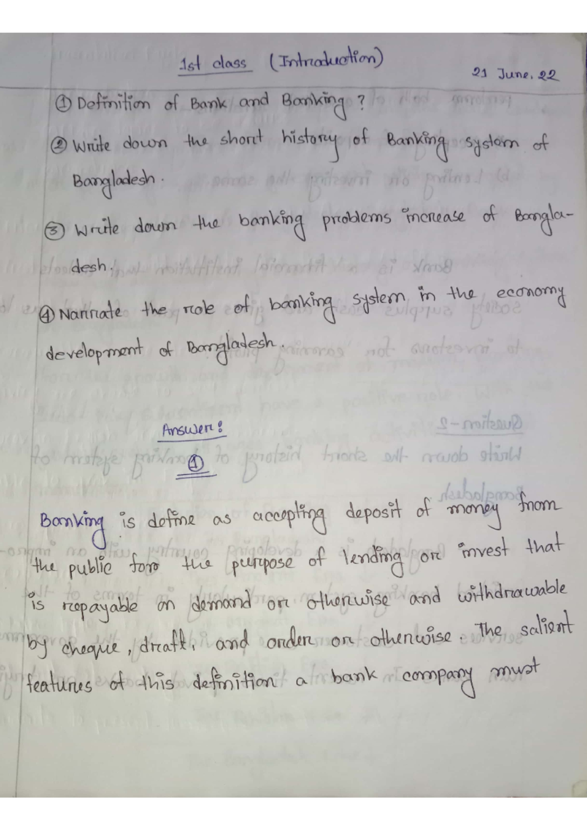 Banking_Notes Q&A - 1st class (Introduction) 21 June, 22 1 Definition ...