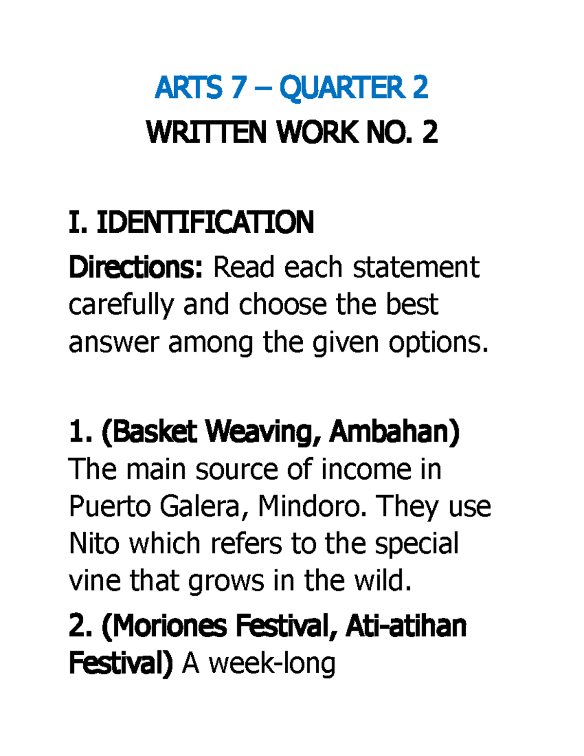 ARTS 7 ww2 - QUIZ - ARTS 7 – QUARTER 2 WRITTEN WORK NO. 2 I ...