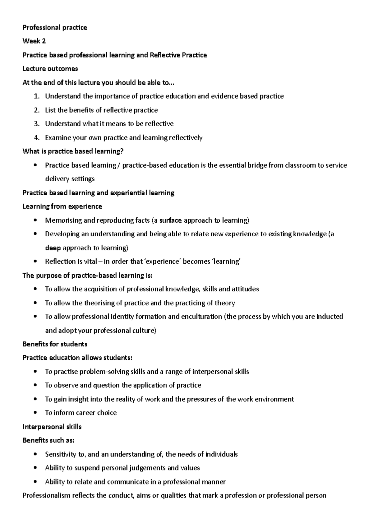 Practice based learning - Professional practice Week 2 Practice based ...