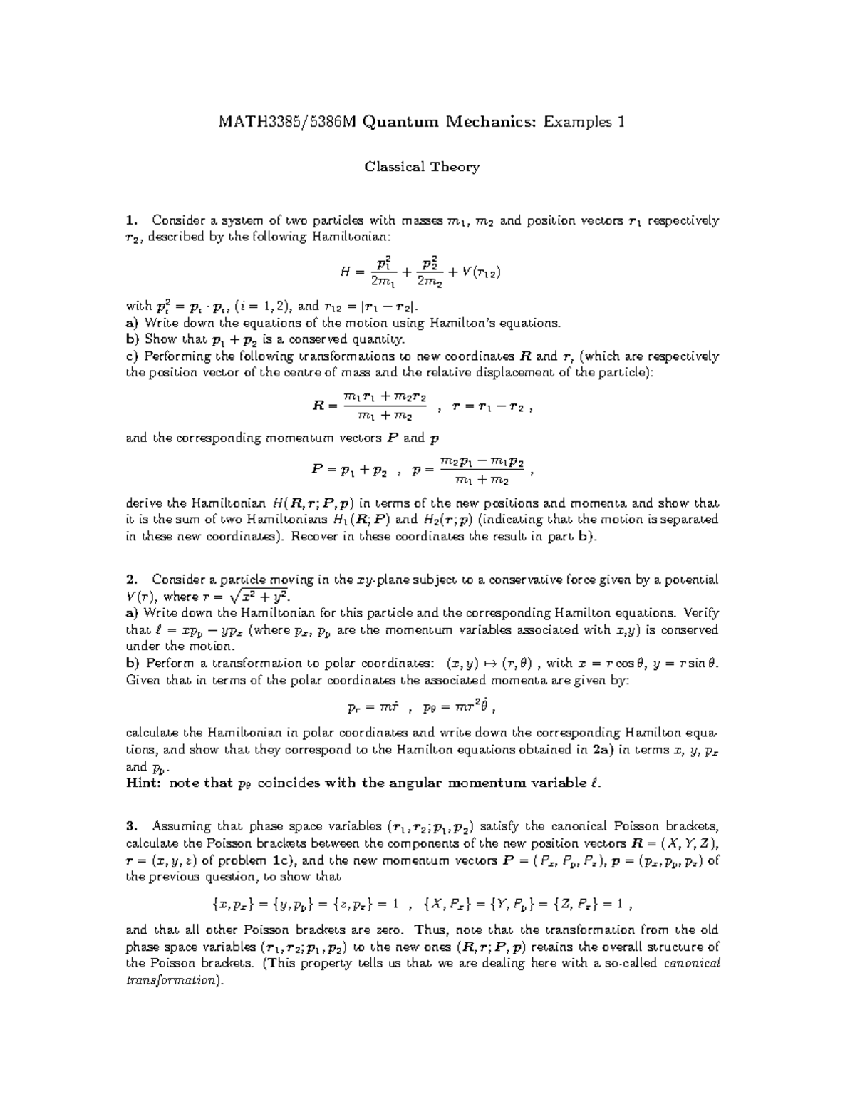 Example sheet 1 - MATH3385/5386M Quantum Mechanics: Examples 1 ...