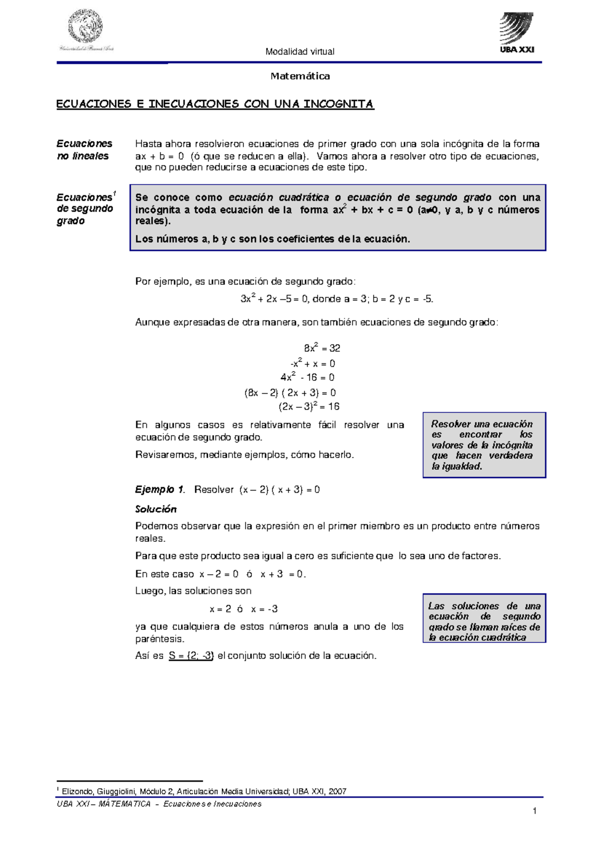 2. Ecuaciones e inecuaciones - Modalidad virtual Matem·tica ECUACIONES E INECUACIONES CON UNA ...