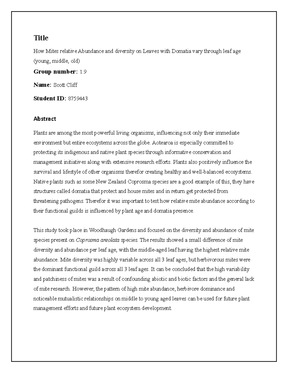 ECOL211 leaf report - Title How Mites relative Abundance and diversity ...