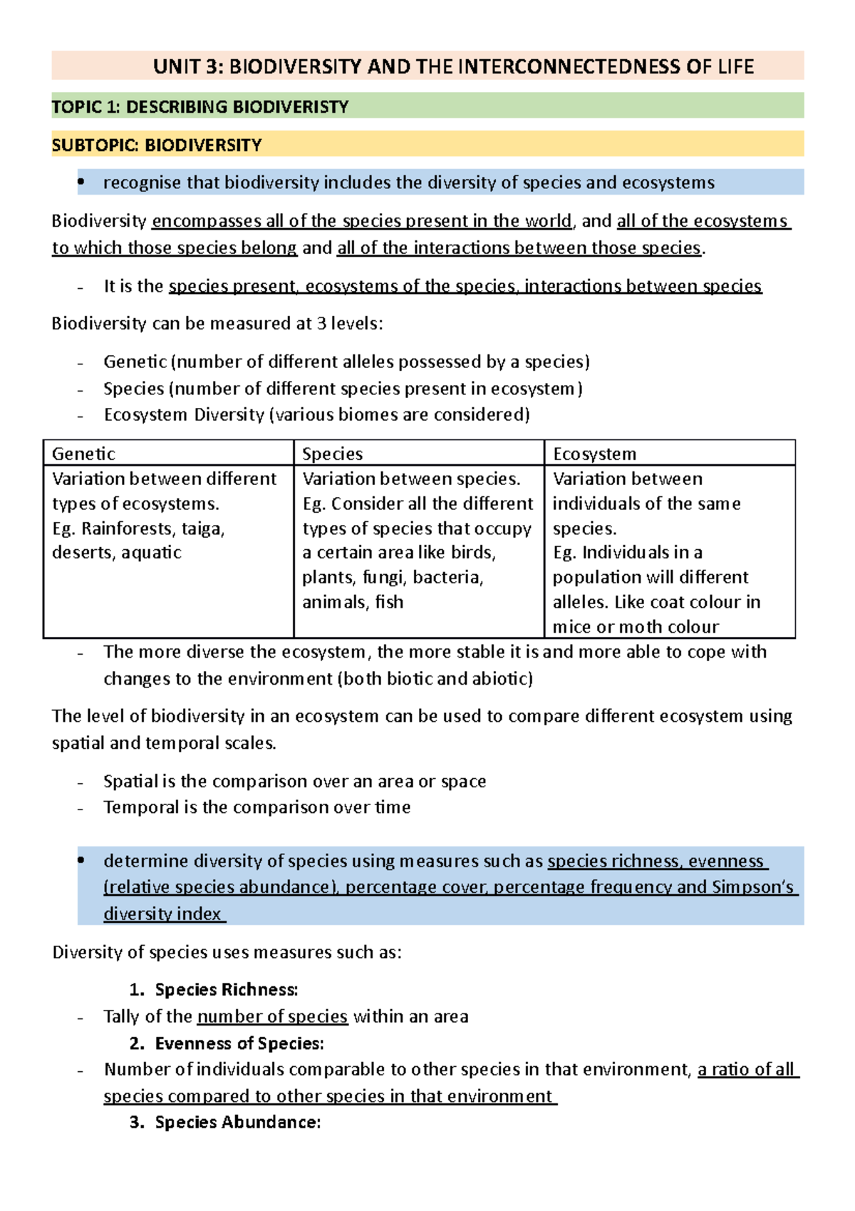 Biology notesss - UNIT 3: BIODIVERSITY AND THE INTERCONNECTEDNESS OF ...