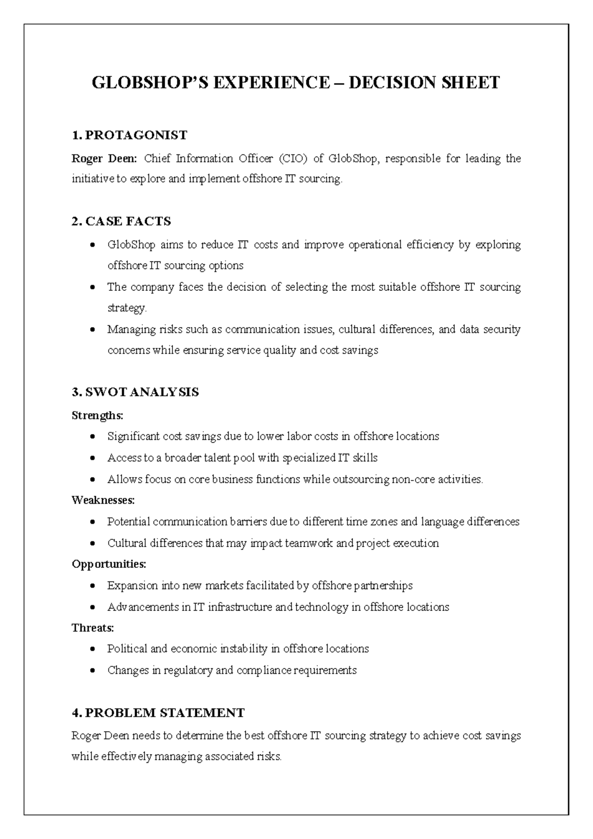 Glob Shop Decision Sheet - GLOBSHOP’S EXPERIENCE – DECISION SHEET 1 ...