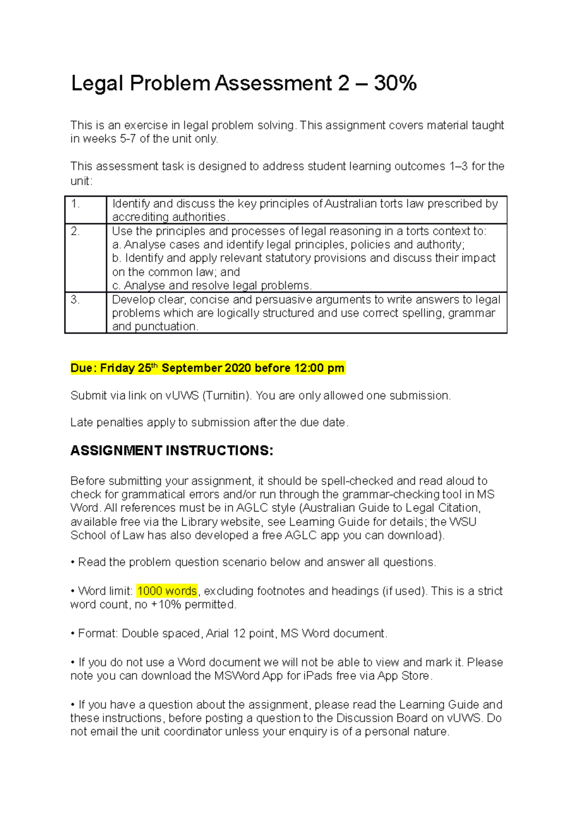 2020 Assignment 2 - assessment 2 - Legal Problem Assessment 2 – 30% ...