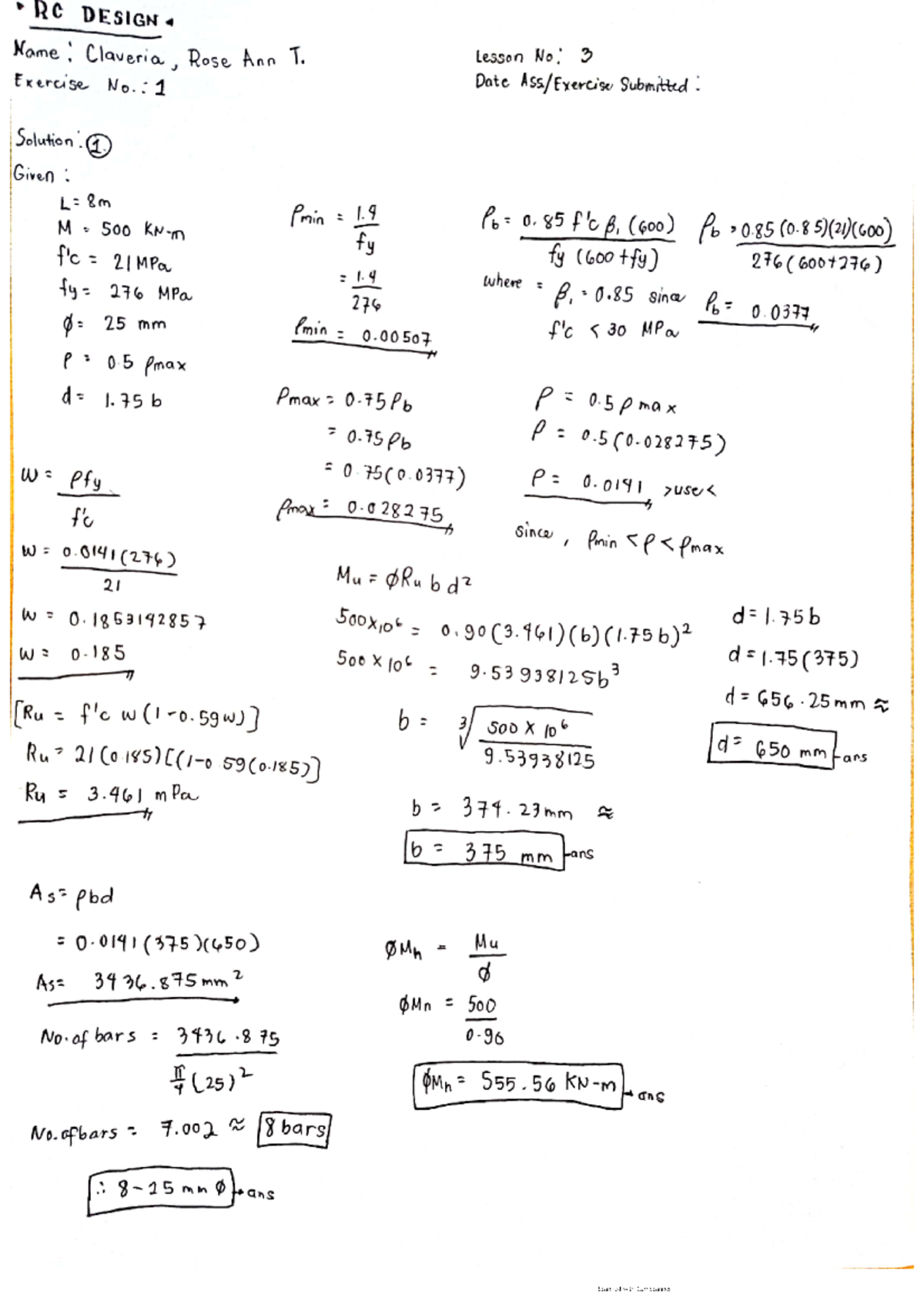 Rc design exercise - BSCE - Studocu