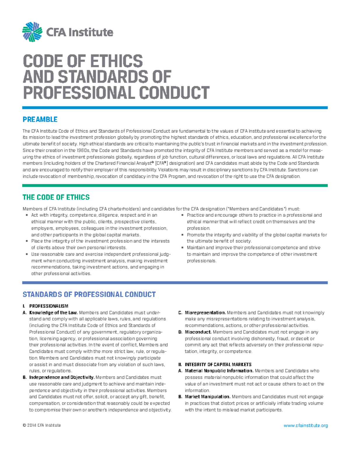 Code of ethics standards professional conduct - cfainstitute CODE OF ...
