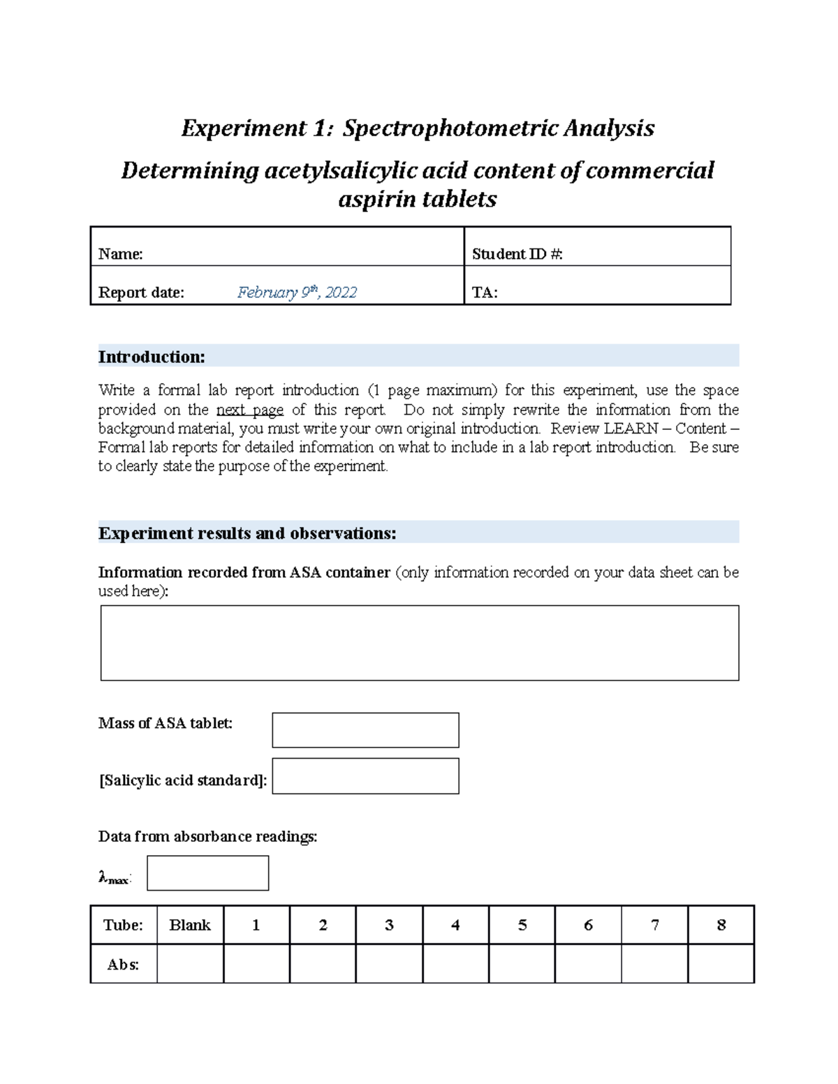 Experiment 1 -Spectrophotometric experiment - Experiment 1: Spectrophotometric Analysis ...