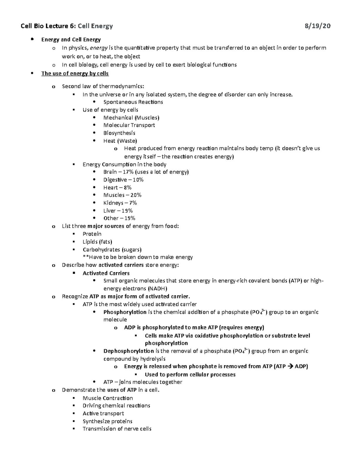 BMS cell energy exam 2 review - Cell Bio Lecture 6: Cell Energy 8/19 ...
