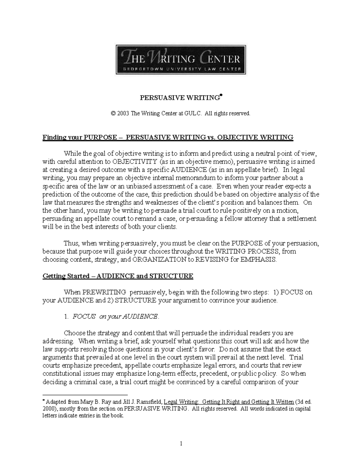 Persuasive Writing Georgetown Law Center - PERSUASIVE WRITING∗ © 2003 ...