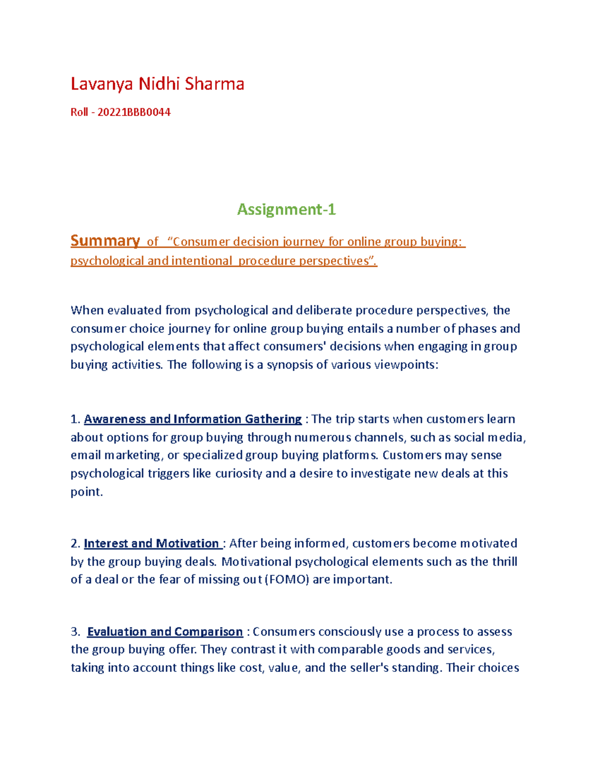 Lavanya's Assignment 1 - Lavanya Nidhi Sharma Roll - 20221BBB Assignment- Summary of “Consumer ...
