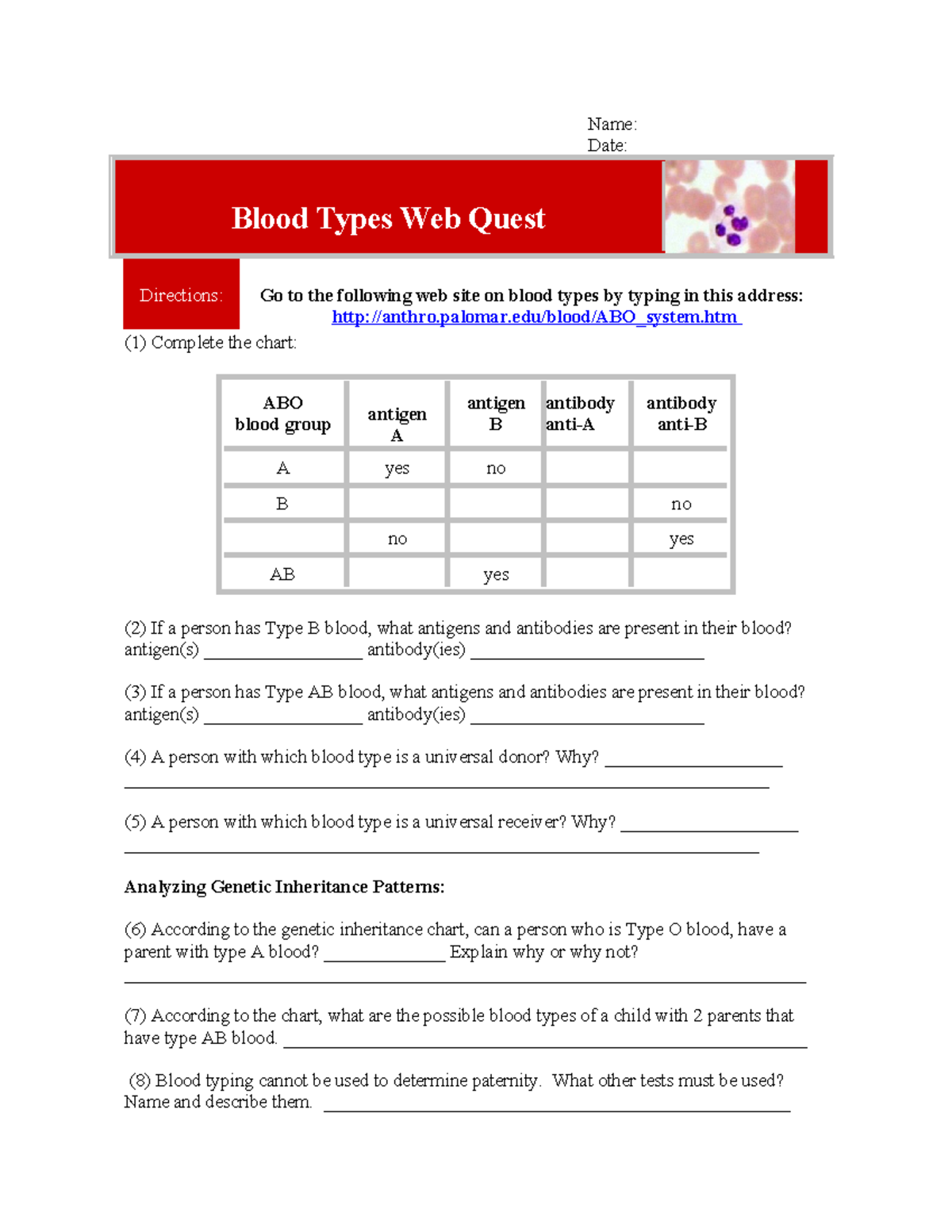 Blood type webquest - web quest - Name: Date: Blood Types Web Quest ...