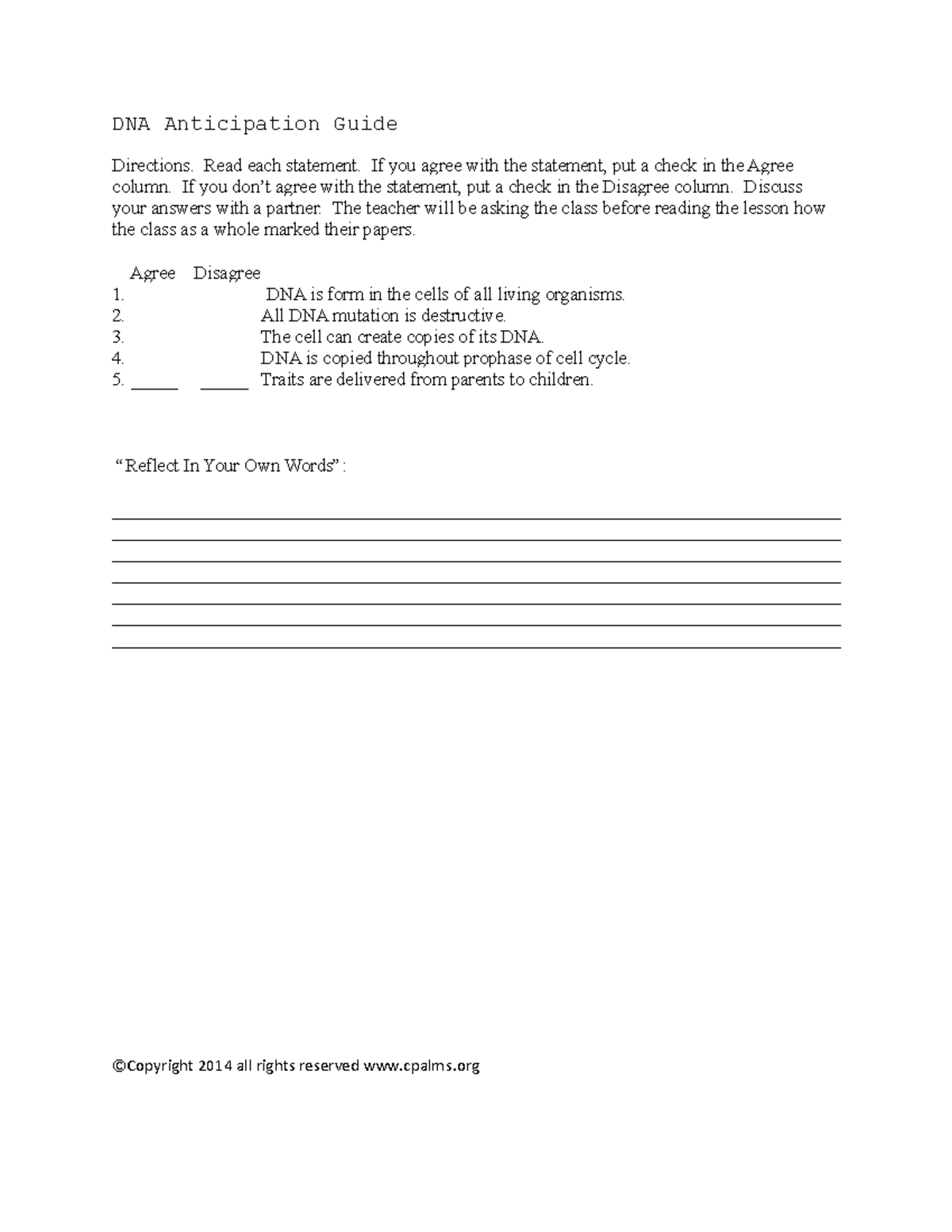 DNA Anticipation Guide - DNA Anticipation Guide Directions. Read each ...