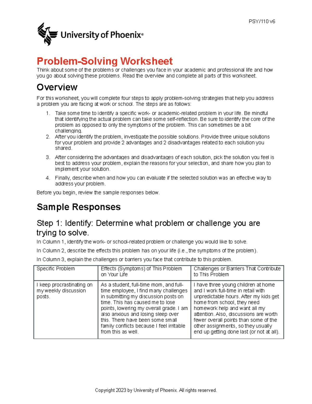 Psy110 v6 wk4 problem solving worksheet - PSY/110 v Problem-Solving ...