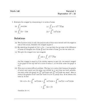 Math 141 Tutorial 5 Solutions - Math 141 Tutorial 4 February 6 - 10 Evaluate the following ...