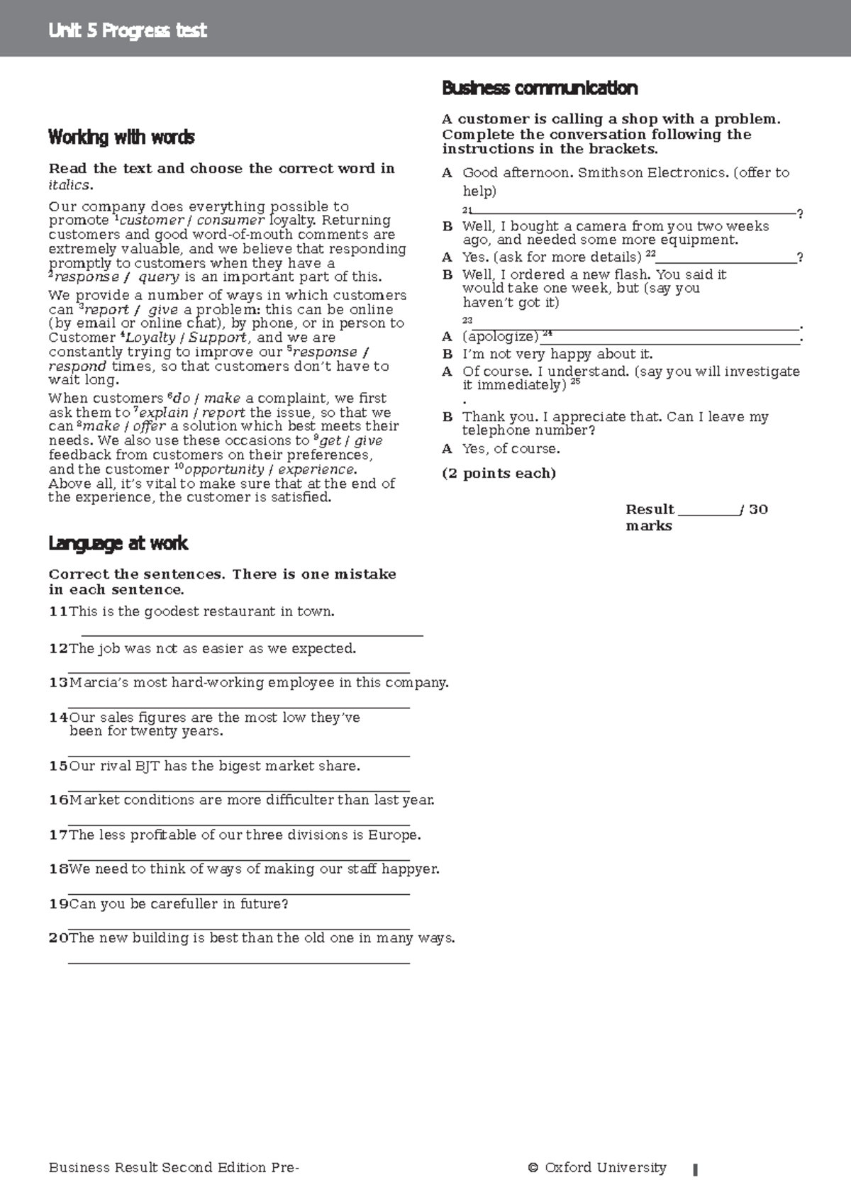 BR2e Pre-intermediate Unit5 progress test - Unit 5 Progress test ...