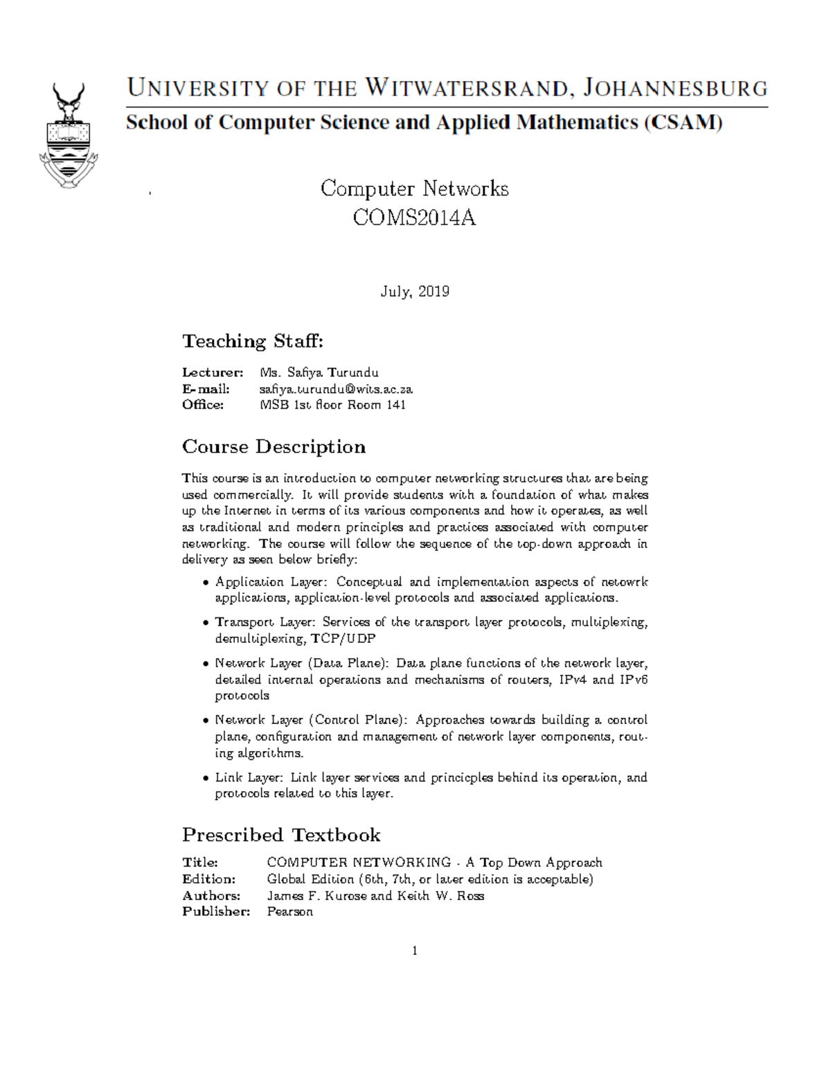 Course Outline - Computer Networking - July, 2019 [c Computer Networks ...